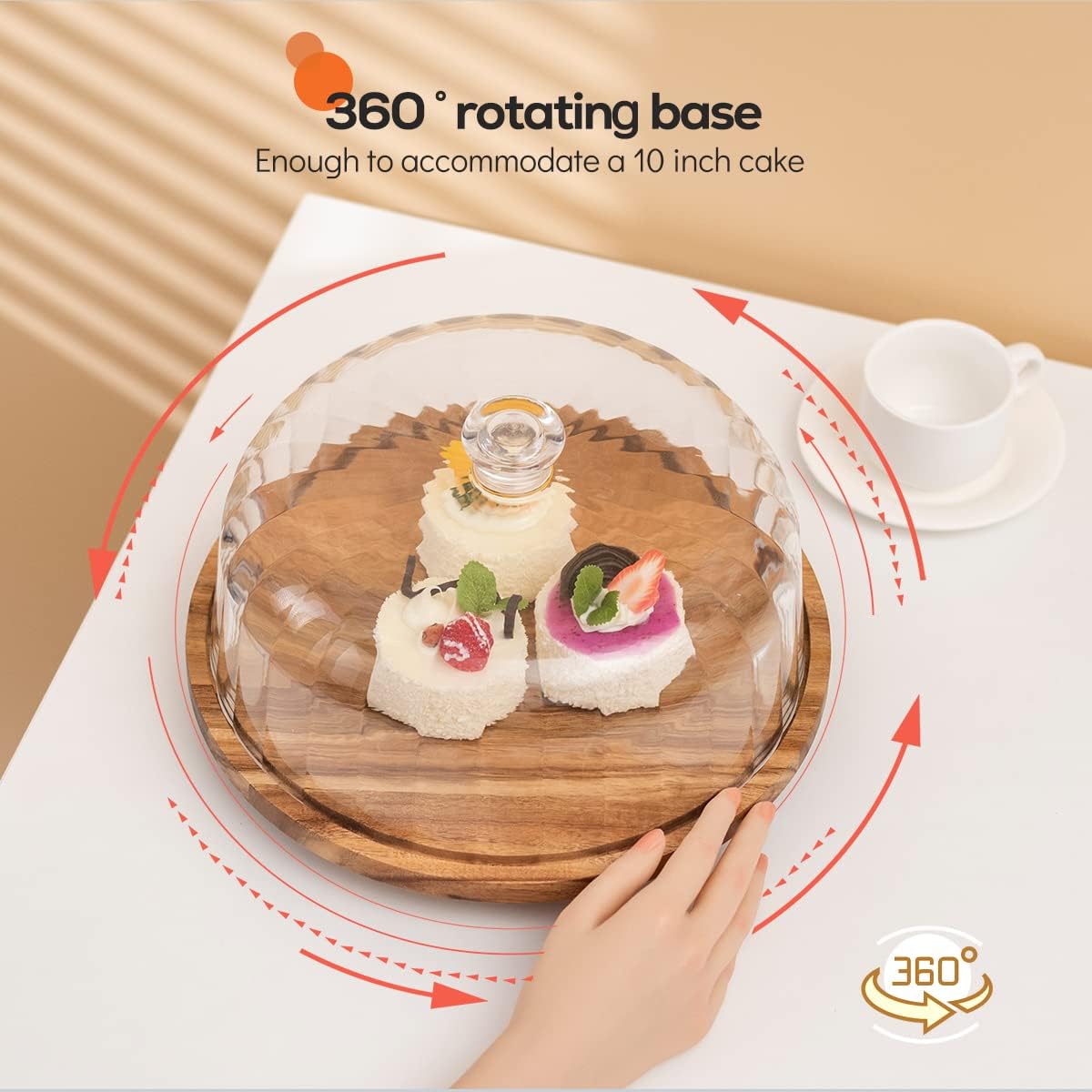 Cutesun Wood Cake Stand with Lid, 11.8'' Rotating Cake Stand with Dome, Shaterproof 10.4'' Acrylic Cake Display Cover, Cake Holder Tray for Wedding Gift,Kitchen,Birthday,Parties,Baking Gifts