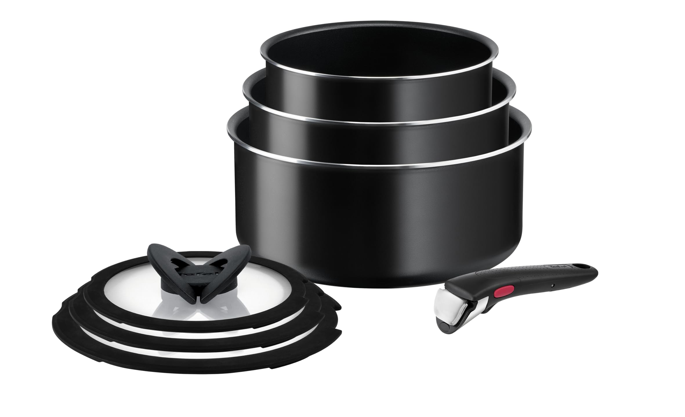 Tefal Ingenio Easy ON 7 piece Non-Stick Saucepan Set, 16&18&20 cm Saucepans, 16&18&20 cm Glass Lids, Bakelite Removable Handle, Easy Cleaning, Heat Indicator, Black, L1599602