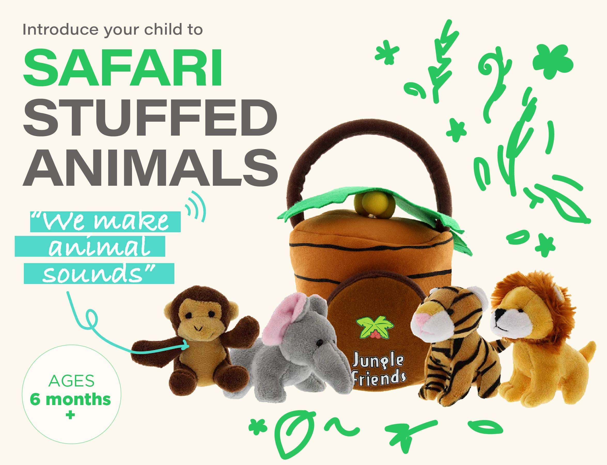 Jungle Animals Talking Plush Baby Toy – 5 Piece Small Stuffed Animals Set Including Jungle House Carrier and Stuffed Monkey, Lion, Tiger & Elephant – These Mini Toys are Ideal for Boys and Girls