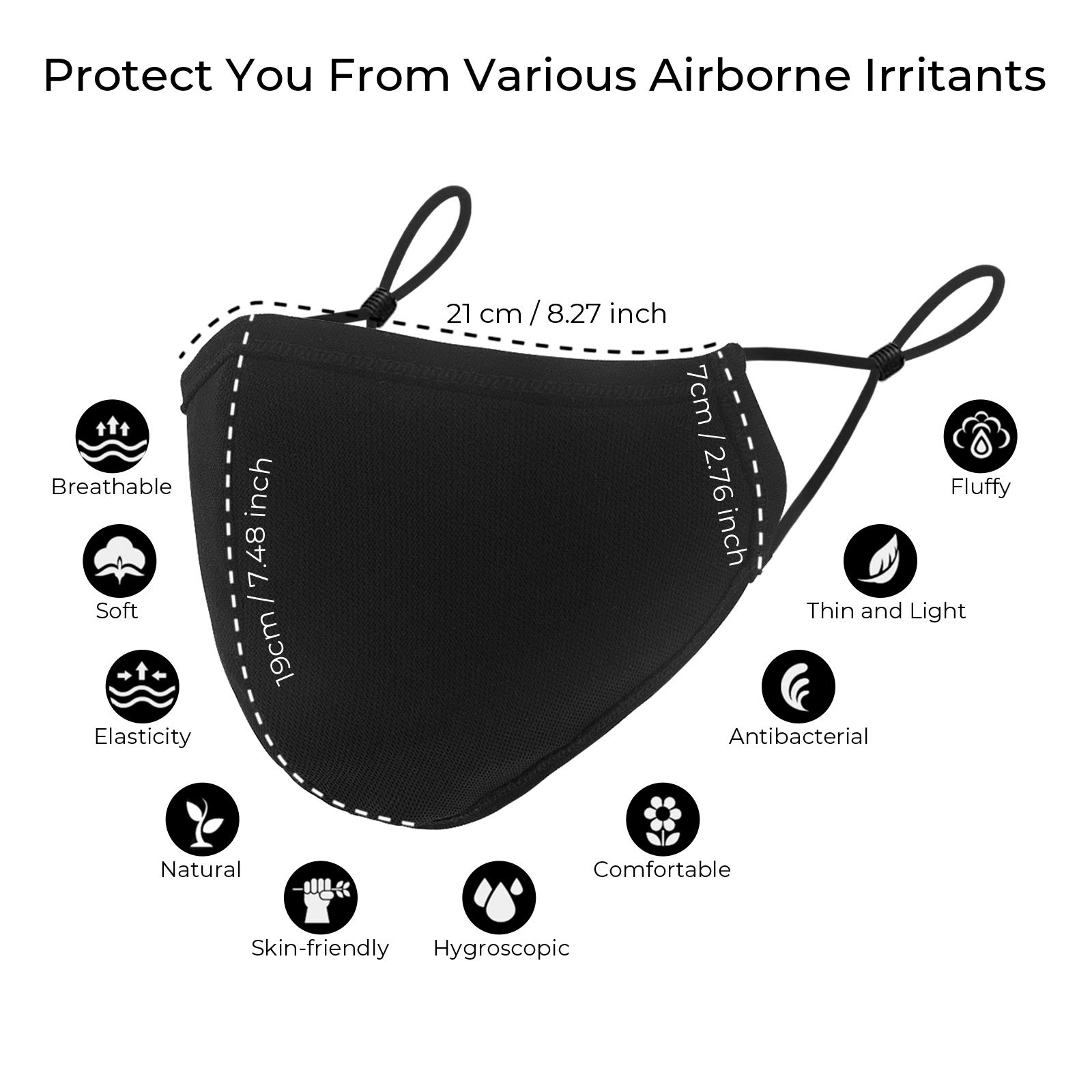 Black Extra Large Adult Cloth Face Protective Shields, 3-Ply Adjustable Reusable Comfort Safety Shield Protection for Office Work Outdoors (3 Pack)