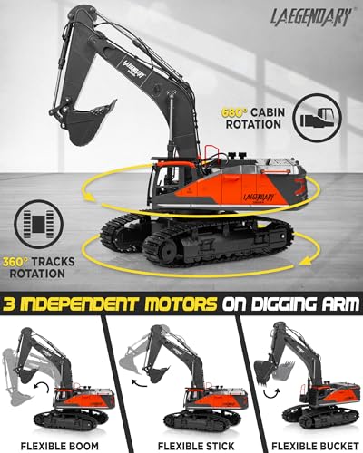 LAEGENDARY RC Excavator - Remote Control Excavator - Electric, Hobby-Grade Construction Vehicles - 1:14 Scale, Black - Red
