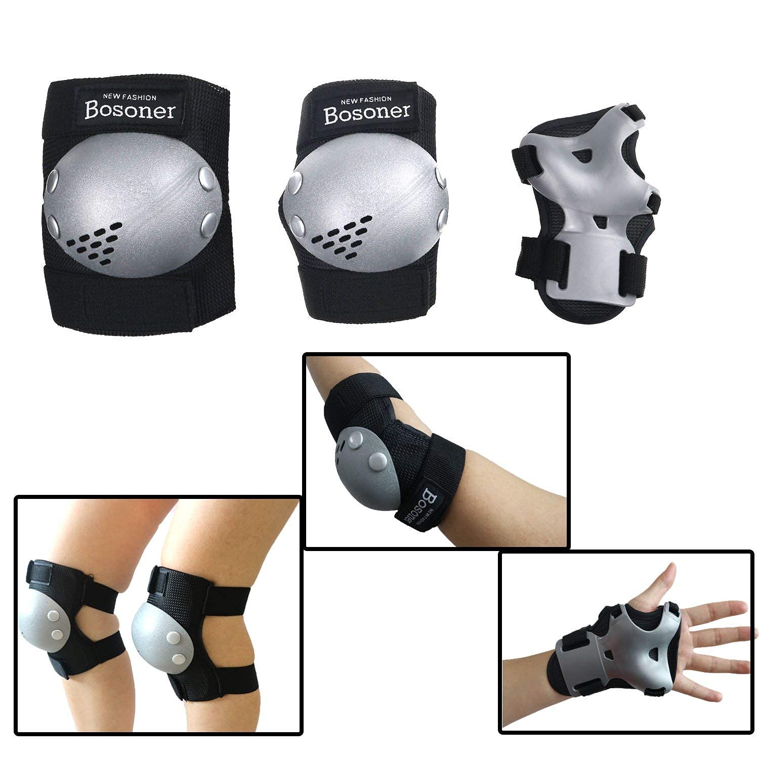 BOSONER Kids Wrist Guards and Knee Pad Protective Gear Set for Roller Skates Cycling BMX Bike Snowboarding Skateboard Inline Skating Scooter Riding Sports (Medium, 6-15 Years)