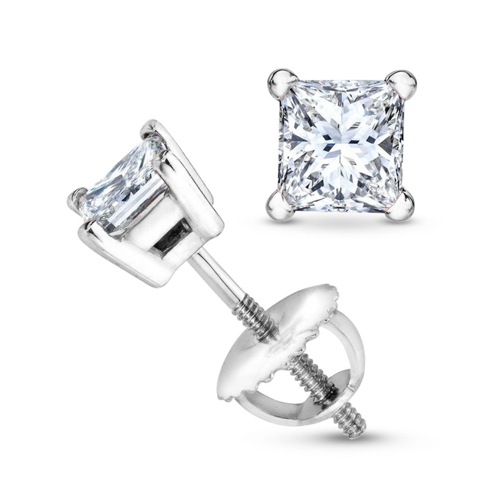 Houston Diamond District 1/2 Carat 14K White Gold Solitaire Stud Earrings Princess Cut 4 Prong Screw Back (J-K Color, SI1-SI2 Clarity)