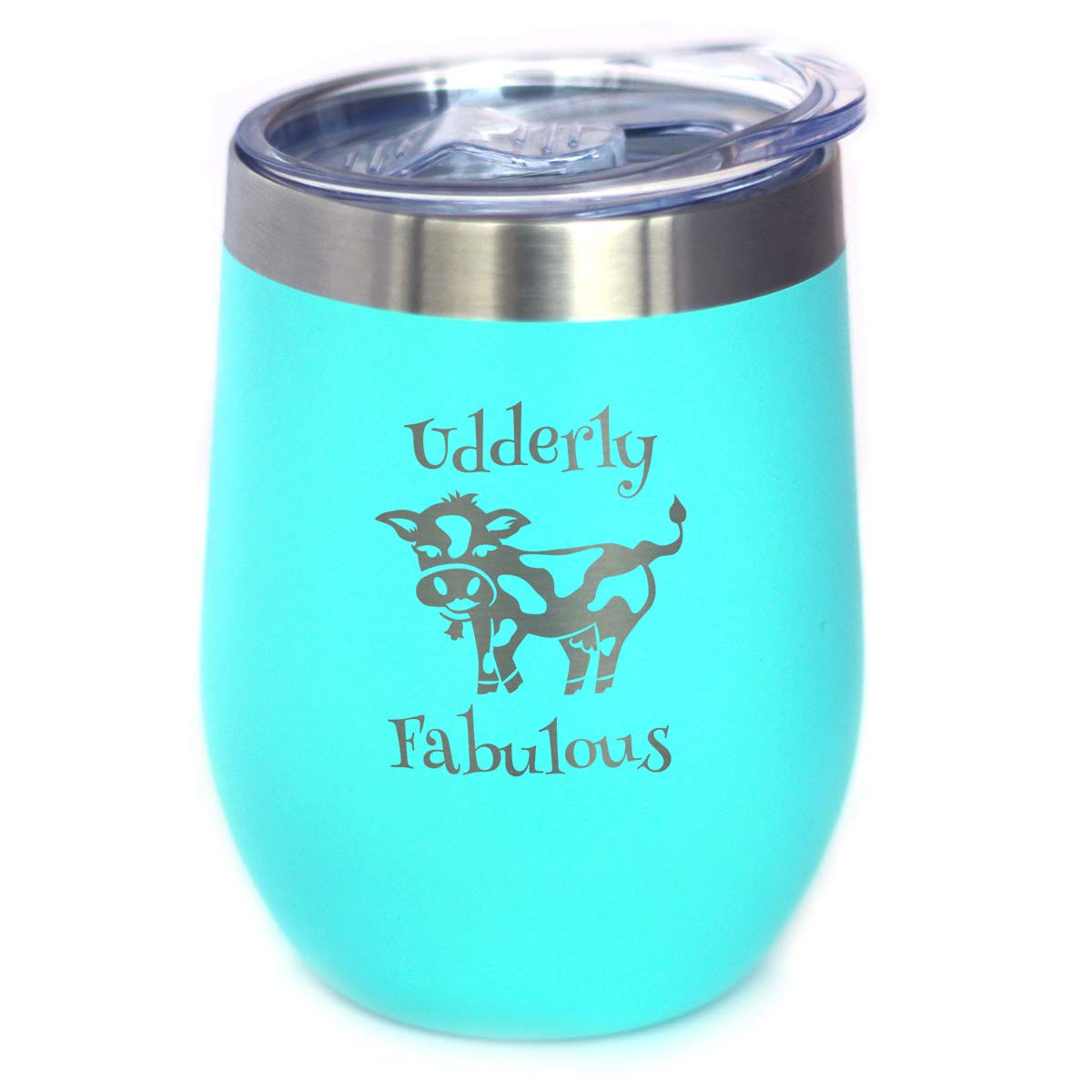 Bevvee Udderly Fabulous - Cow Wine Tumbler with Sliding Lid - Stemless Stainless Steel Insulated Cup - Funny Outdoor Camping Mug - Teal