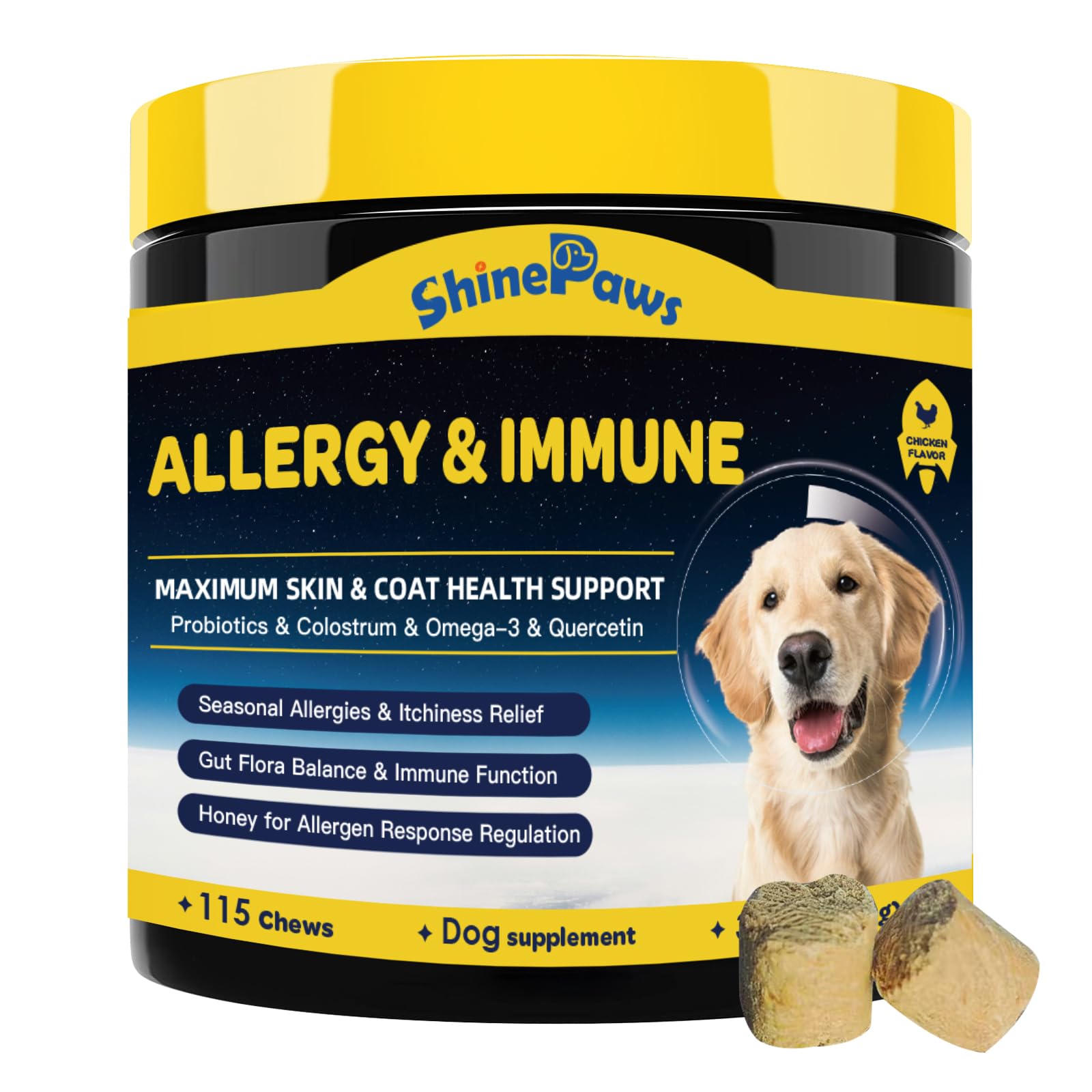 Dog Allergy Relief, Itch Relief for Dogs, Colostrum, Probiotics for Dogs Support Immunity, Omega3, Honey for Dry & Itchy Skin Relief, Seasonal Allergy, Pawlicking, Hot Spot Treatment, 115 Immune Bites