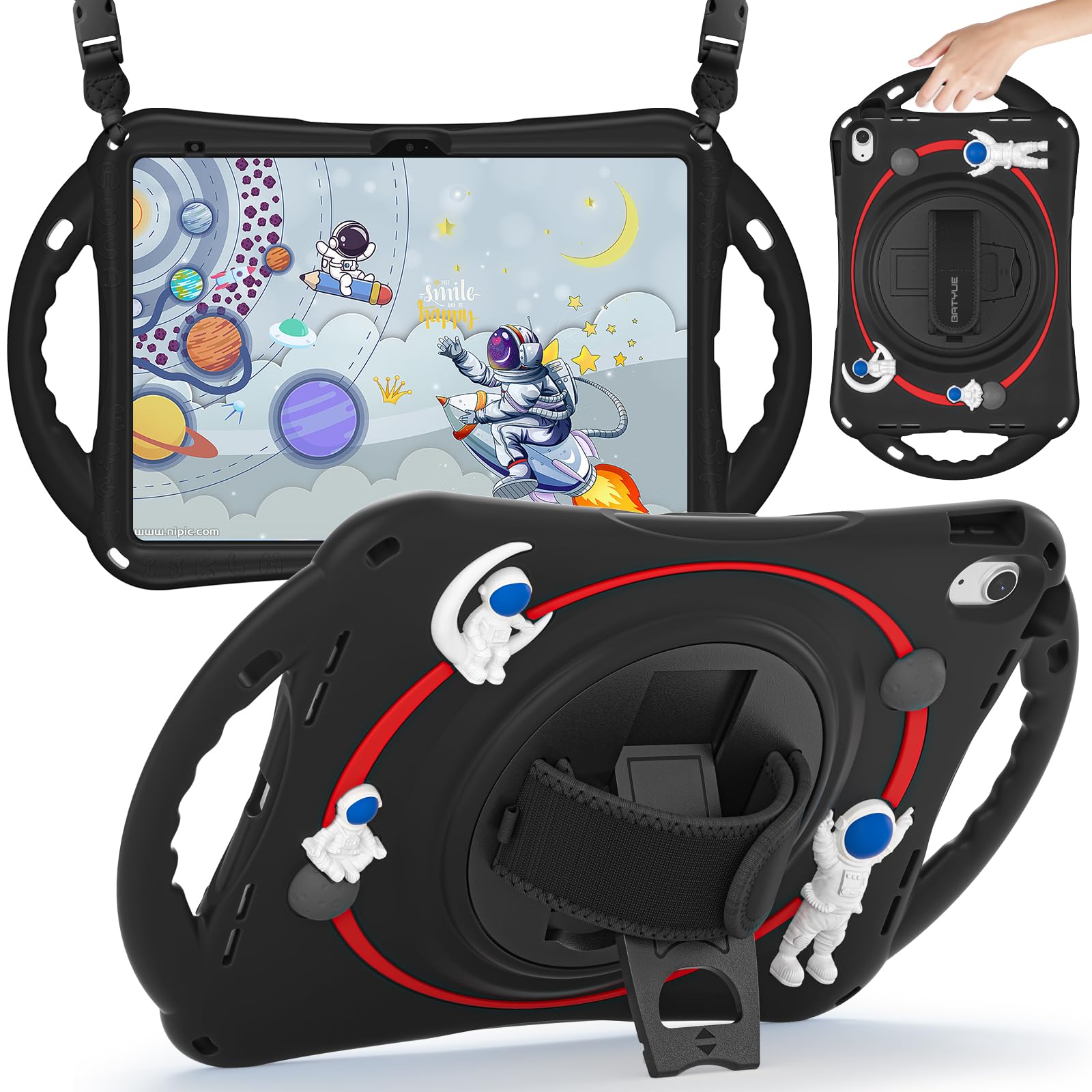 BATYUE iPad 10th Generation Case, Cute Cat Case for 2022 10.9-inch iPad (10th Generation), Rugged Heavy Shockproof Protection Cover with Pencil Holder/ 360° Swivel Stand/Shoulder Strap. - Black Red
