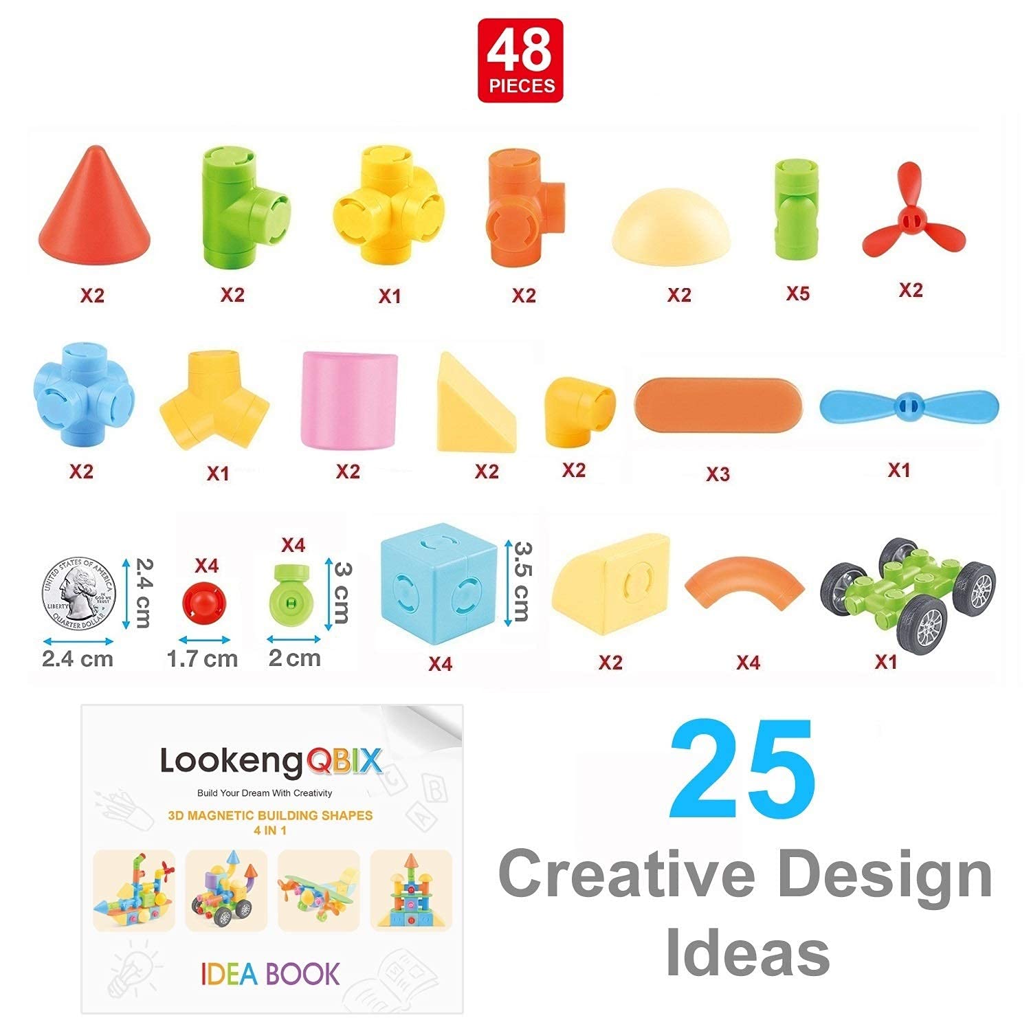 LookengQbix 25-in-1 Magnetic 3D Building Shapes, Magnet Blocks Tiles,STEM Educational Toys w/25 Different Designs in Idea Book for Children Kids Brain Development