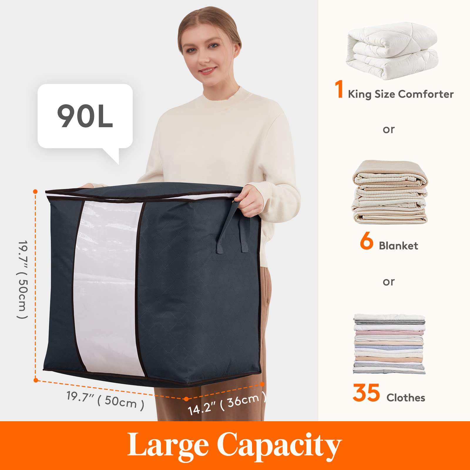 Lifewit 3 Pack 35L Clothes Storage Bag Organizer (Blue), Bundle with 3 Pack 90L Clothes Storage Bag (Grey)