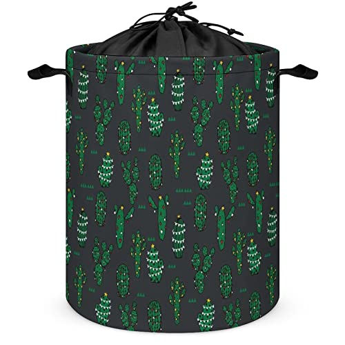 Christmas Cactus Laundry Basket Round Collapsible Storage Bin with Drawstring and Handle for Bedroom Bathroom Toys Room 17.3" X 13.8"