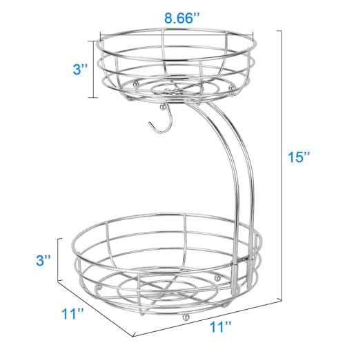 Bextsrack 2-Tier Countertop Fruit Basket Bowl with Banana Hanger, Metal Wire Fruits Stand Holder Storage Organizer for Kitchen, Silver