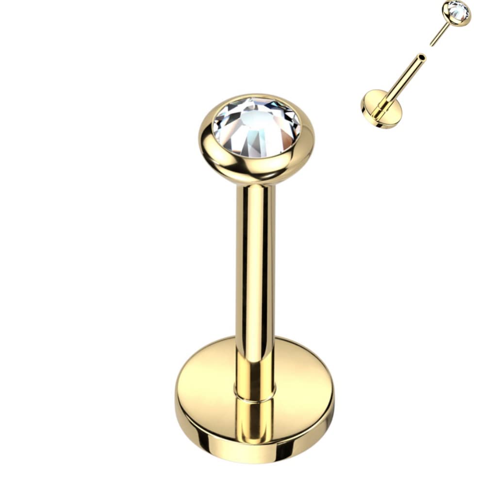 BODY DAZZ Bezel Set CZ Push in Threadless Titanium Top and Post Set for Labret, Nose Rings, Cartilage Earring, Lip Piercing (16 Gauge 8mm Length, Goldtone/Clear)
