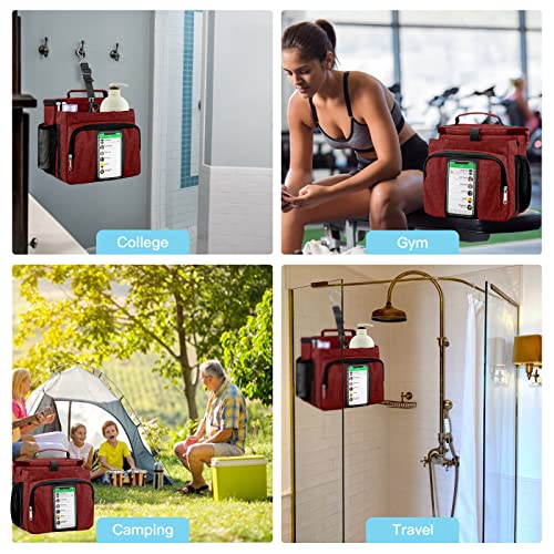 Bukere Portable Shower Caddy College Dorm Room Essential, Shower Caddy Tote Bag for Student, Girl, Women, Separate Compartment, Large Capacity, Quick Dry Mesh Base for Travel, Gym, Camp, Red