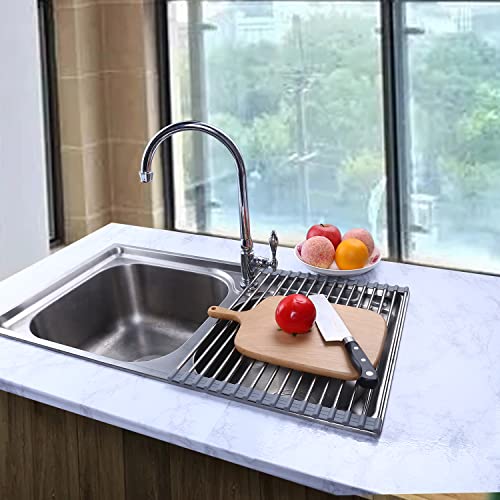 Expandable Roll up Dish Drying Rack for Kitchen from 11β to 20β, Foldable Over-The-Sink Dish Drying Rack Space-Saving, Multipurpose Rolling Rack for Sink with Large Capacity, 13''x(11''~20''), Gray