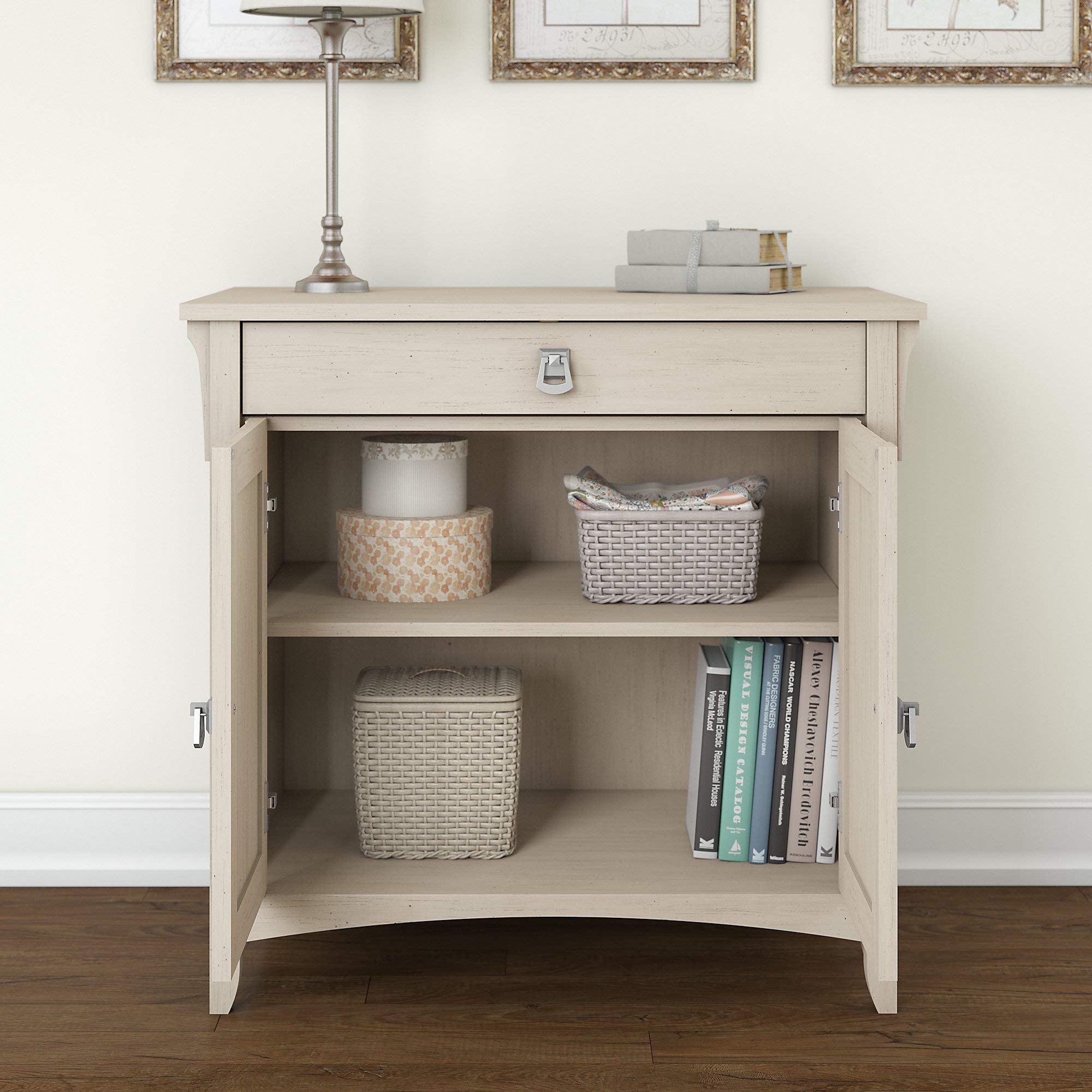 Bush Furniture Salinas Secretary Desk with Keyboard Tray and Storage Cabinet in Antique White