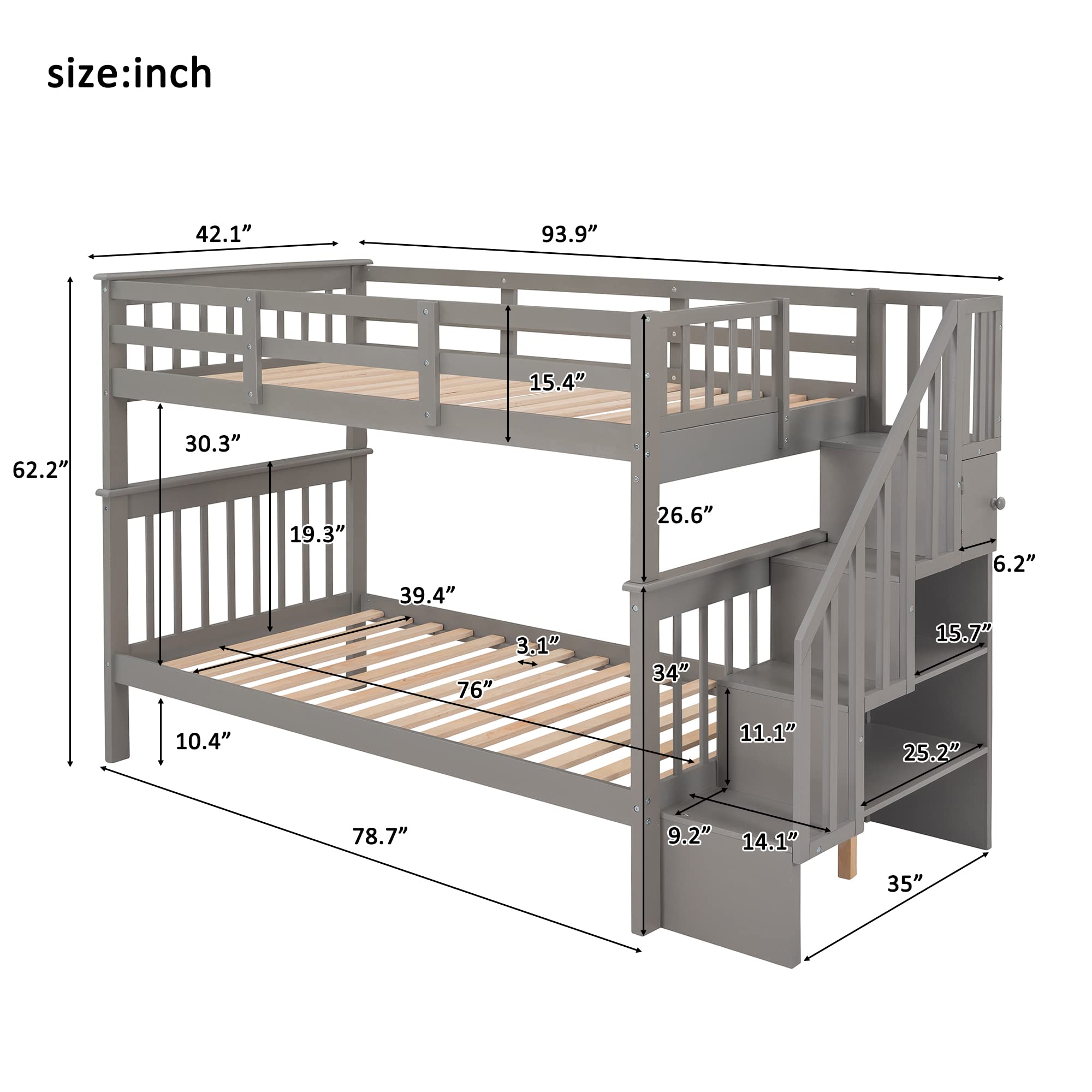 Harper & Bright Designs Bunk Beds Twin Over Twin with Stairs, Wood Bunk Bed Frame with Storage and Guard Rail,Twin Bunk Beds for Kids, Bedroom, Dorm, Teens, Adults,Grey