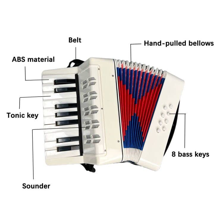 BORIYAM Accordion 17 Keys 8 Bass,Toys for Children and Adult Beginners,Accordion Instrument ,Early Learning Enlightenment Instrument (White)