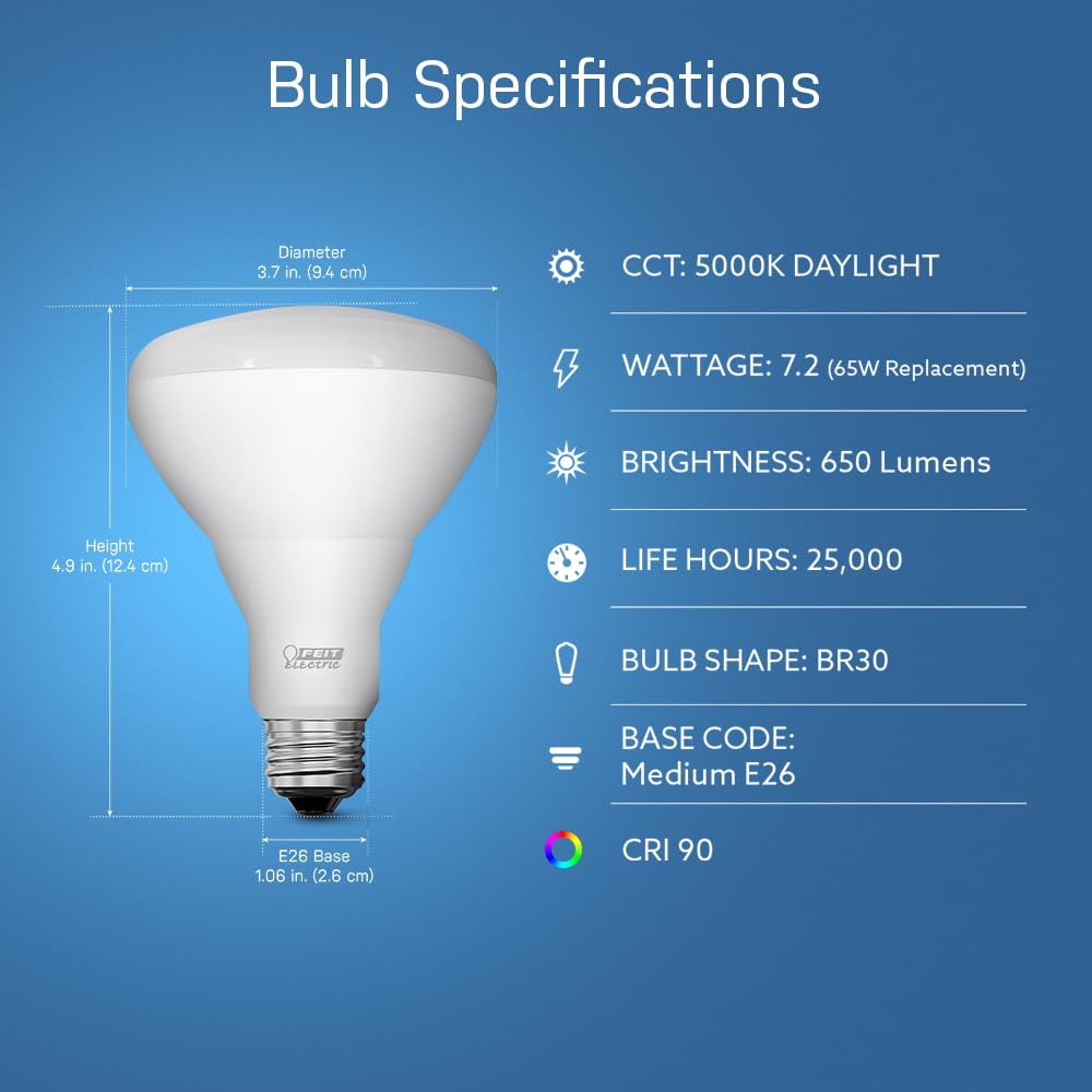 Feit Electric LED BR30 Bulbs, 65W Equivalent, 7.2W LED, 650 Lumens, Dimmable, 5000k Daylight, E26 Base, 22 Year Lifetime, Flood Light Bulbs, 1 Pack, BR30DM/950CA
