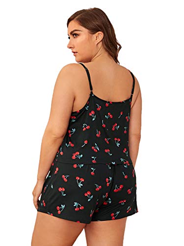 Floerns Women's Plus Size Cherry Print Cami Top and Shorts Pajama Sets A-Black 2XL