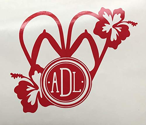 Custom Initial Monogram Decal Bumper Sticker, for Tumblers, Laptops, Car Windows - Sandal Flip Flop & Hibiscus Tropical Flower Design