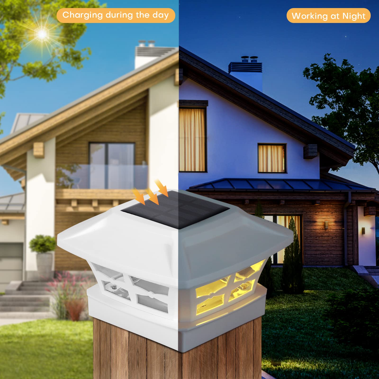 LamQee White Solar Post Caps Solar Post Lights Outdoor Waterproof Warm/Cool White 2 Modes Post Cap Lights for Deck Solar Powered Led Post Cap for Vinyl Fence Post Solar Lights 4X4 8 Packs
