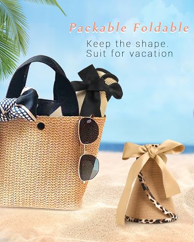 Camptrace Sun Visors for Women Wide Brim Beach Hat UPF 50+ Foldable Straw Visor Hat Ponytail Summer Packable Beige