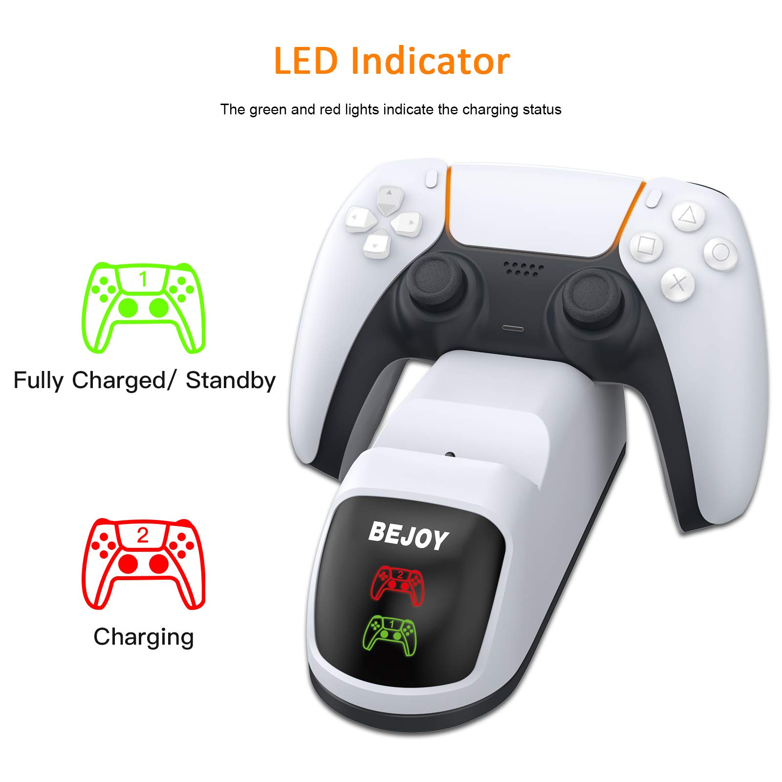BEJOY Fast Controller Charging Station for PS5 DualSense Controller with Thumb Grips and Trigger Extenders, Dual Wireless PS5 Controller Charger, LED Indicator Charging Dock for PS5 Controller