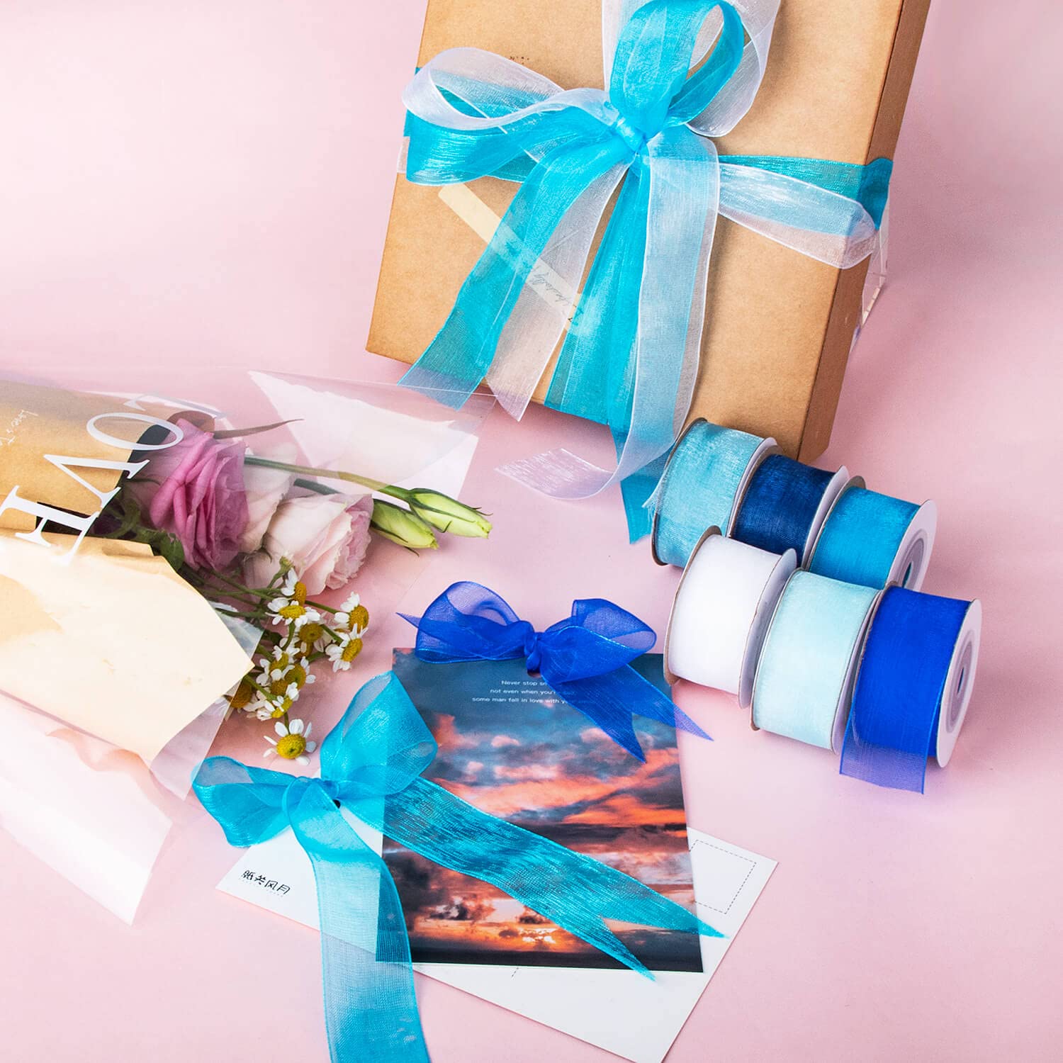 SOFIRE 6 Roll 1 Inch Wide Blue Organza Ribbon Christmas Ribbon Sheer Chiffon Ribbon for Gift Wrapping(Blue)