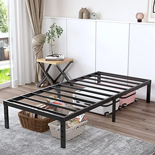 YUSENHEEI Twin Size Bed Frame 16 Inches High Metal Platform Bedframe with Slat Strips Easy Assembly Heavy Duty Strong No Need Box Spring Noise Free Non-Slip Large Storage Space Underbed