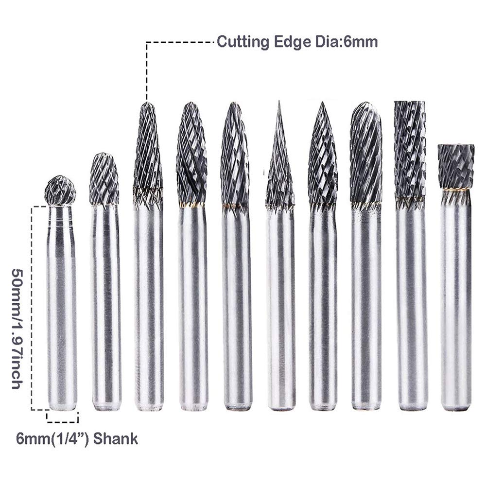 Eyech 10pc Tungsten Carbide Burr Set 1/4" Shank Double Cut Rotary Cutting Burr Set Die Grinder Bits for Steel Metal Wood Woodworking Carving, Polishing, and Engraving