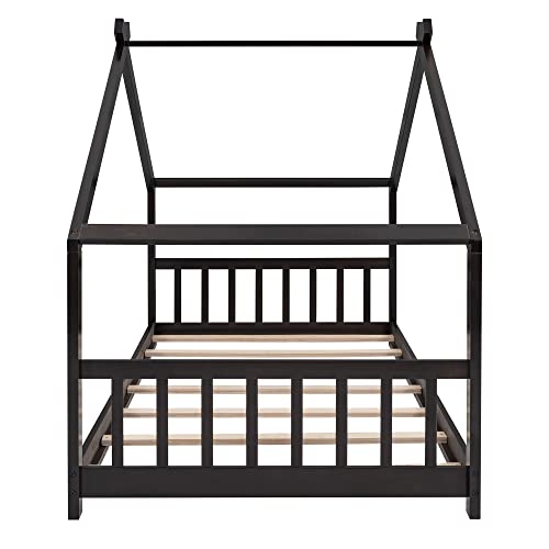 DEYOBED Twin House Bed for Kids - Wood Montessori Design with Headboard, Footboard - Espresso Finish, No Box Spring Needed