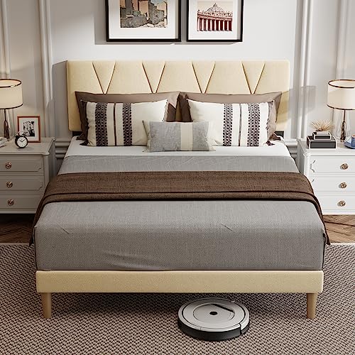 Gizoon Queen Bed Frame with Adjustable Velvet Headboard, Upholstered Platform Bed Frame with Sturdy Metal Frame, Wooden Slats, Noise-Free, No Box Spring Needed (Beige, Queen)