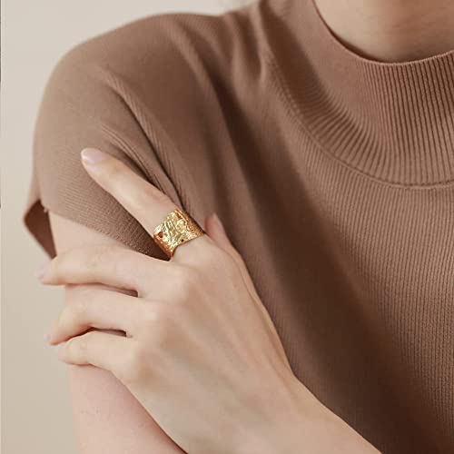 BUEMMR Stackable 14K Thick Gold Chunky Band Open Ring for Women Stacking Adjustable Wide Cuff Rings Fashion Jewelry