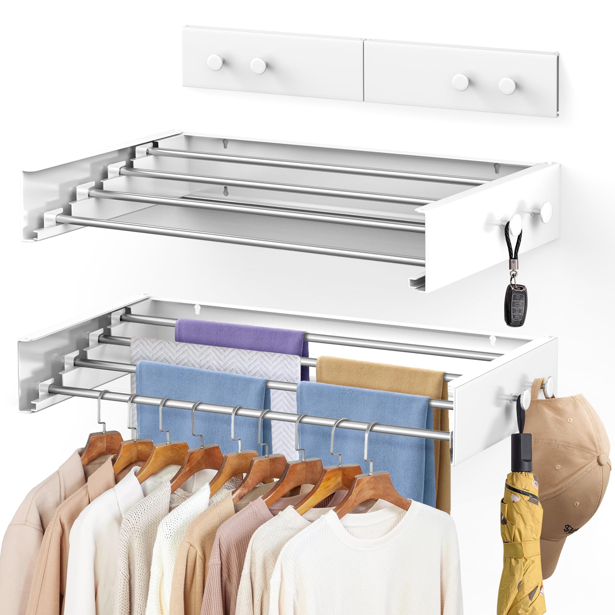 CRJKIJ Wall Mounted Laundry Drying Rack for Clothes - Foldable Conceal Drying Rack,4 Stainless Rods Heaving 48 lb Capacity (White, 23.6")