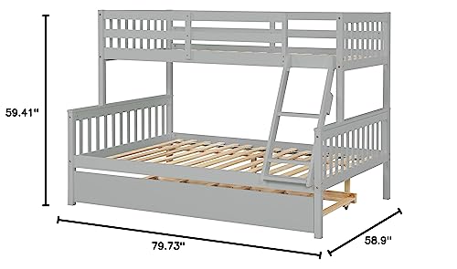 BIADNBZ Solid Wood Bunk Bed with Trundle Twin Over Full Size, Convertible 2 Bedframe with Ladder&Safety Rails, for Kids/Teens/Adults, No Box Spring Needed, Grey