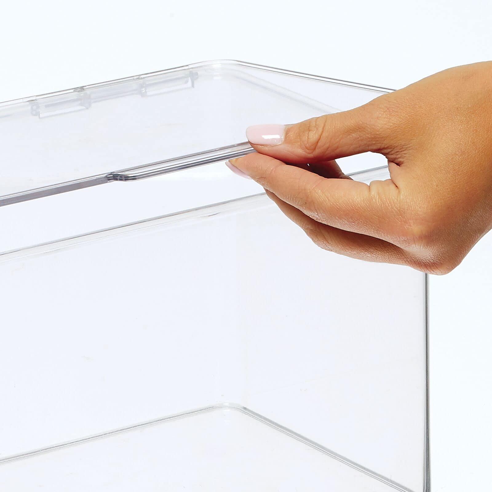 mDesign Plastic Bathroom Storage Organizer Box Containers with Hinged Lid for Vanity Drawers - Holds Lotions, Face Towels, Cotton Swabs, Soap, or Accessories - Lumiere Collection - 4 Pack - Clear