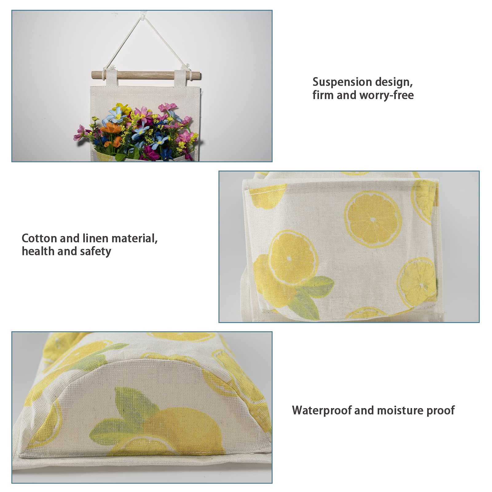 LASZOLA 2Pcs Over The Door Hanging Storage Bag, Waterproof Wall Closet Organizer Linen Fabric Stylish Mount Organizer with 5 Pockets for Bedroom Bathroom Kitchen (Pineapple+Lemon)