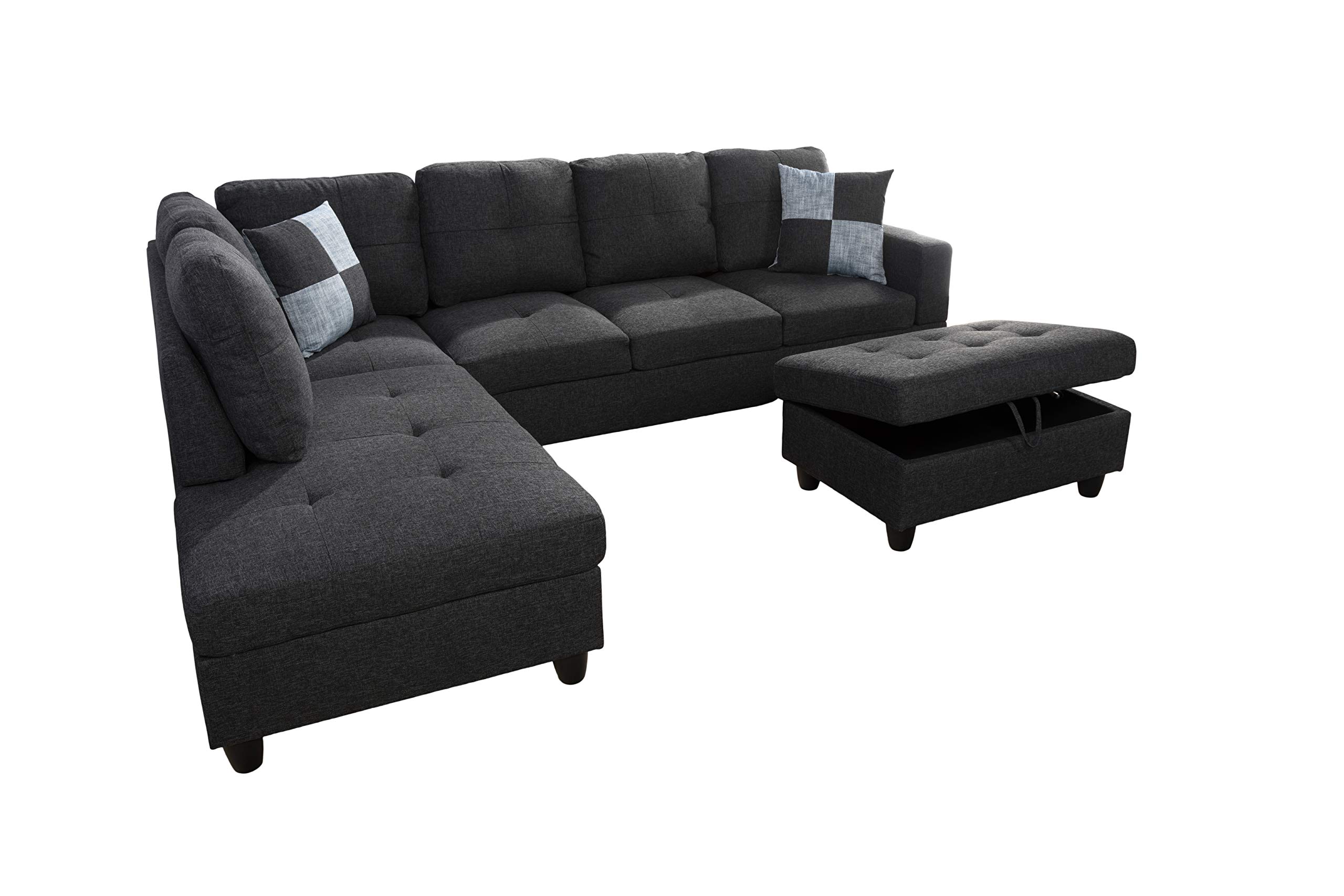 AYCP Fine Furniture Sectional Sofa Couch,L-Shaped Modern Style w/Storage Ottoman 3-Piece for Living Room|Linen Upholstery|(2) Toss Pillows(Left Hand Facing, Black)