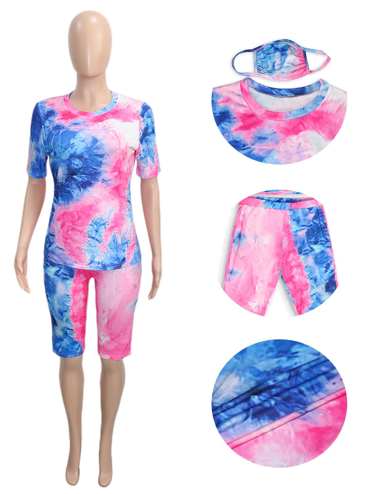 Biker Short Sets Women 2 Piece Outfits Summer Tie Dye Tracksuit Crew Neck T Shirts Bodycon Shorts Set Blue Rose L