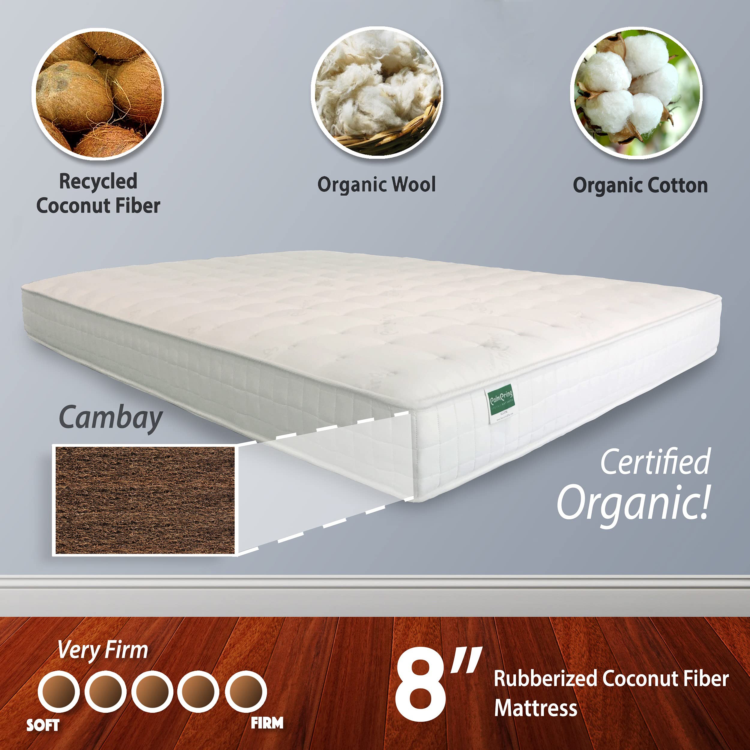 NATURAL LIFE PALMPRING Cambay Twin Mattress - Organic Coconut Coir 8β Extra Firm 1 Layer Comfortable Sleep Bed Dust Free