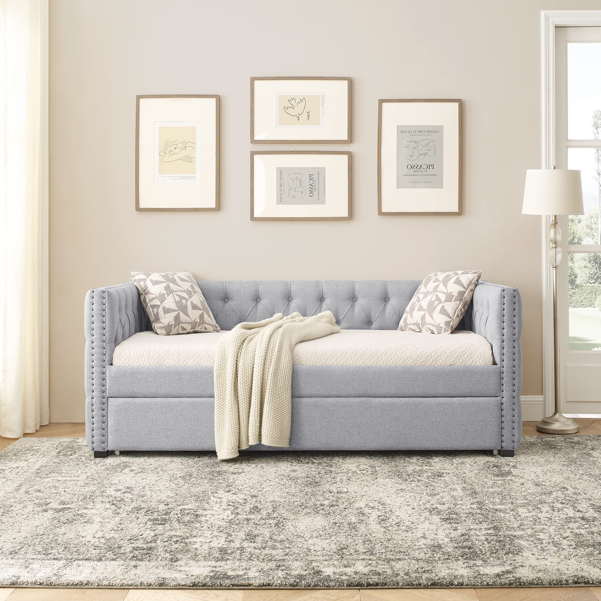 DS-HOMEPORT Daybed with Trundle, Upholstered Tufted Twin Sofa Bed with Button and Copper Nail on Square Arm (Grey)