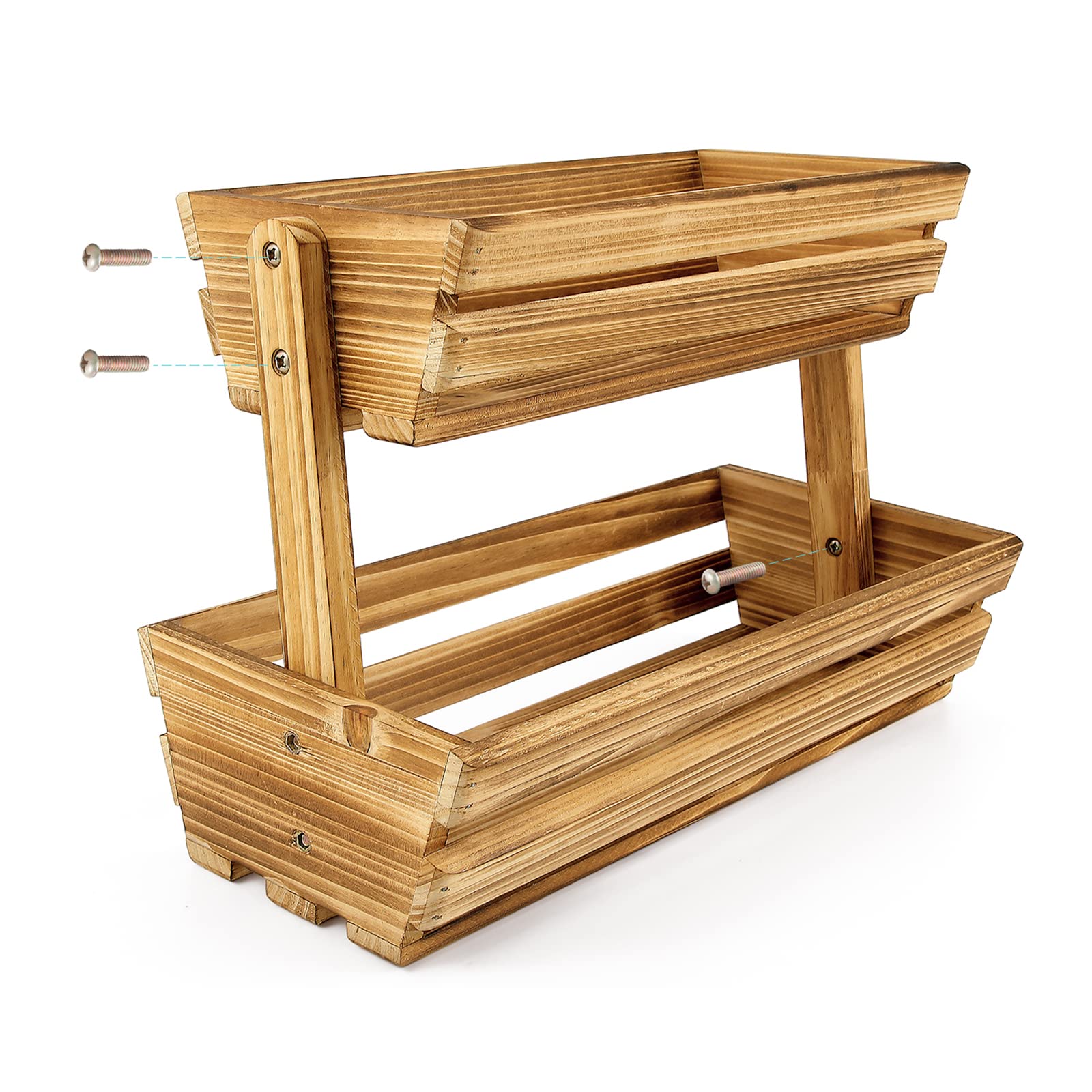 CALM COZY 2-Tier Wooden Fruit Basket, Farmhouse Fruit Basket Counter Top Organizing for Kitchen, Vegetable Stand Bread Racks Produce Basket, Classic Wood Color