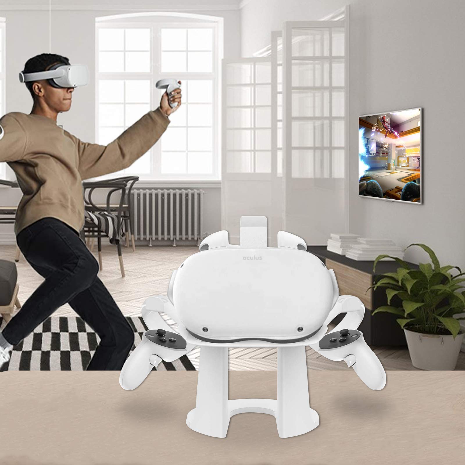 BEJOY VR Stand with Controller Holder, VR Headset Display Stand and Controller Mount Station for Oculus Quest 2, Oculus Rift S, Oculus Quest, Oculus Rift (White)
