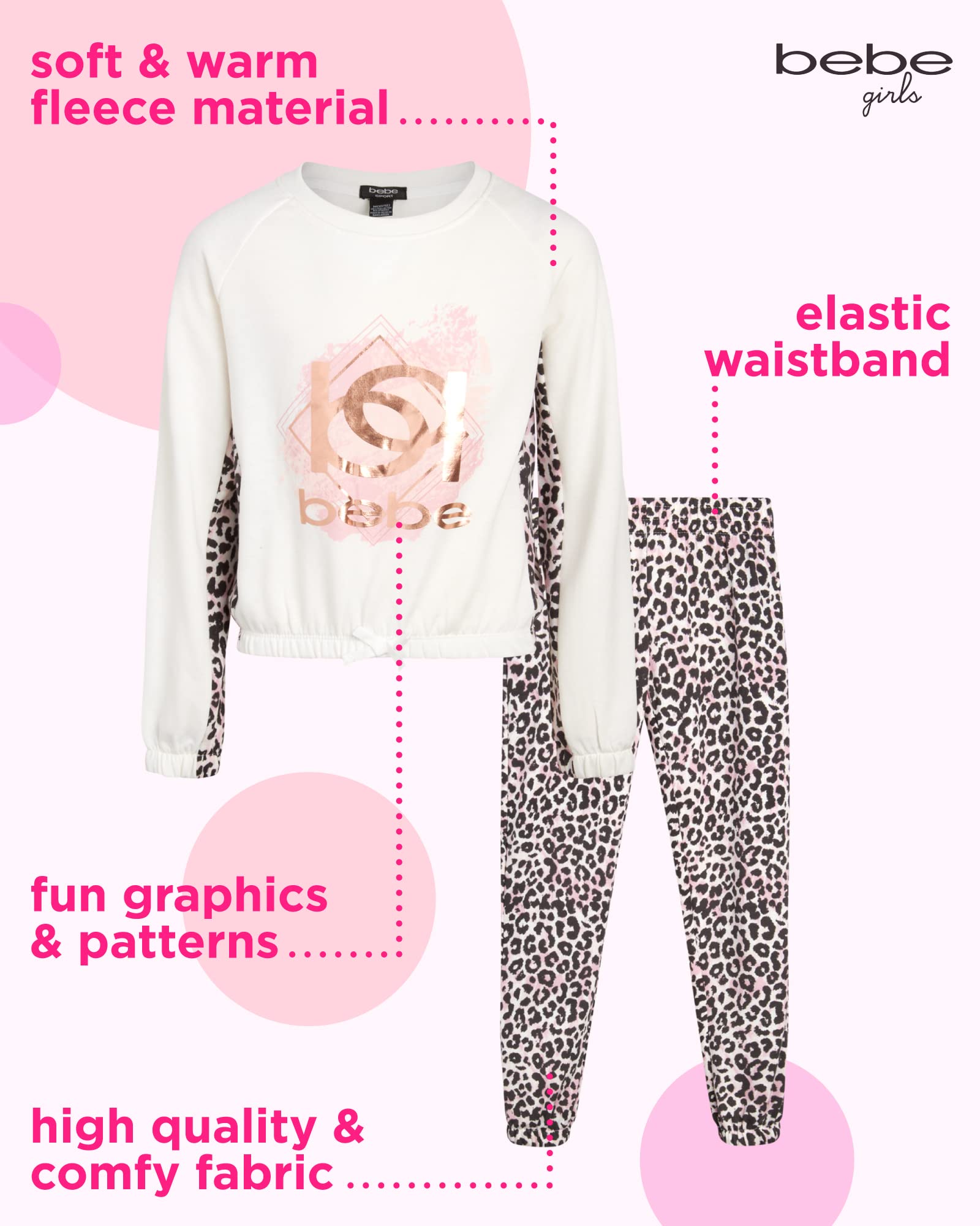 bebe Girls' Jogger Set ? 2 Piece Active Fleece Pullover Sweatshirt and Sweatpants (Little Girl/Big Girl), Size S(4), Grey