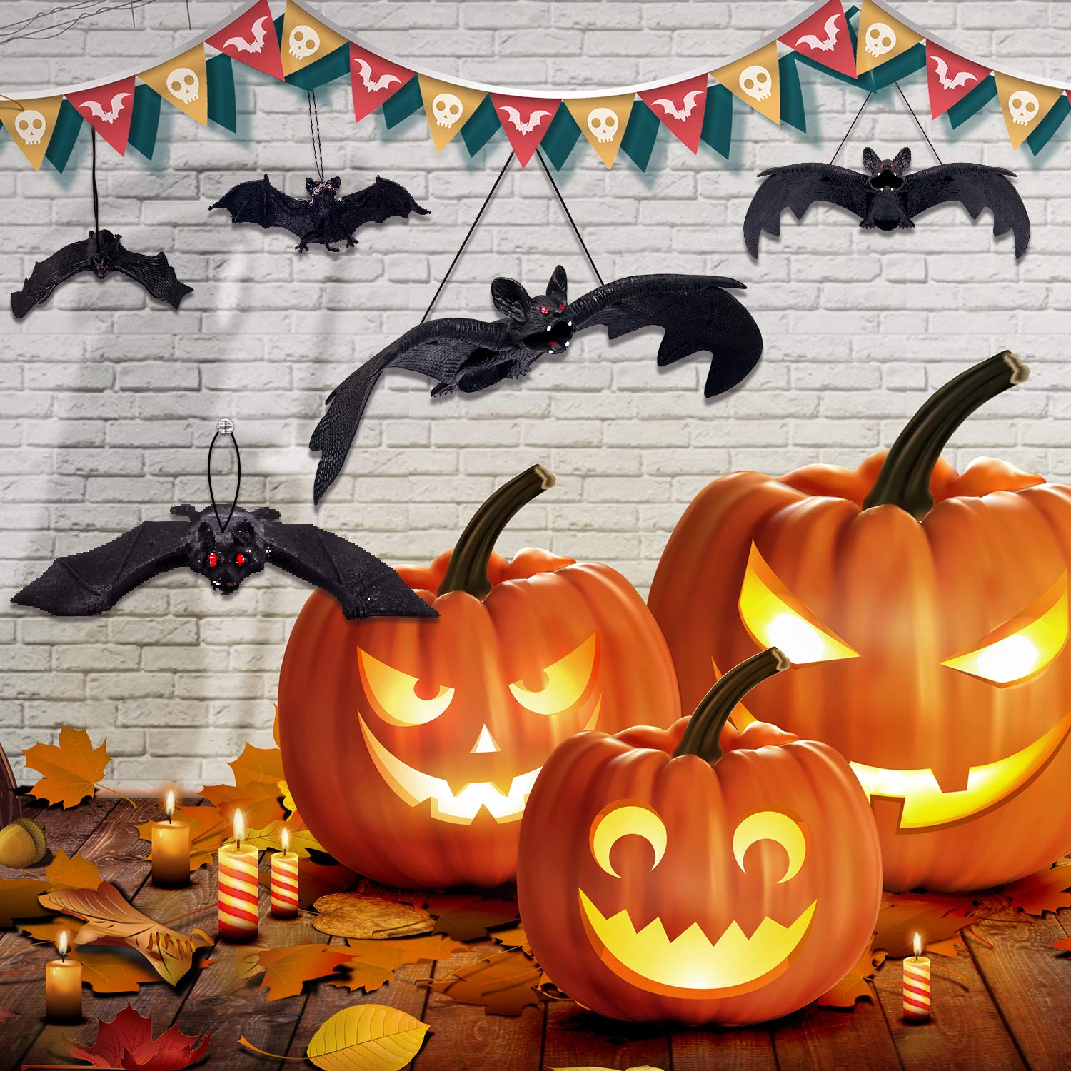 ILEBYGO 5Pcs Halloween Bats, Rubber Vampire Bats, Hanging Bat for Halloween Party, April Fool's Day,Haunted House Decoration