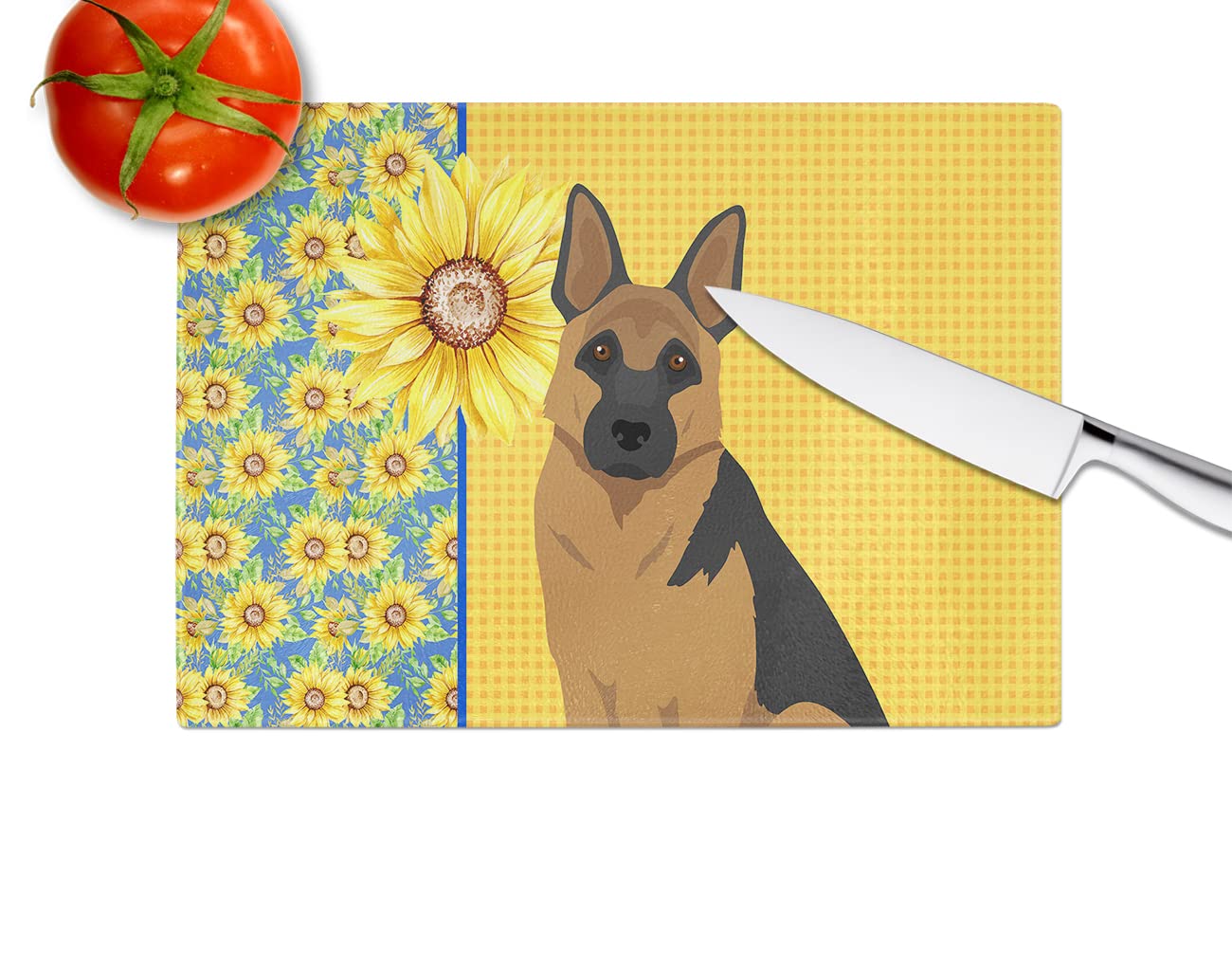Caroline's Treasures WDK5422LCB Summer Sunflowers Black and Tan German Shepherd Glass Cutting Board Large Decorative Tempered Glass Kitchen Cutting and Serving Board Large Size Chopping Board