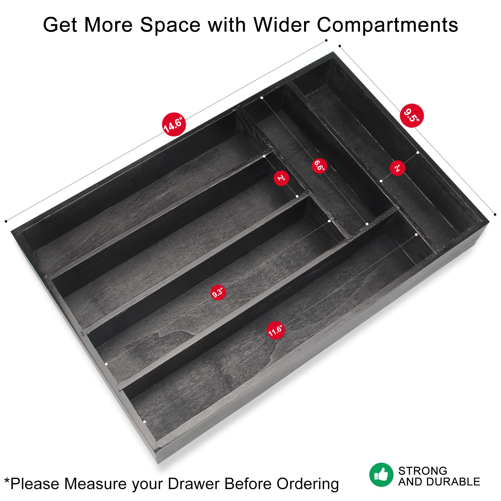 Ayiaren Kitchen Wood Utensil Tray Drawer Organizer, Wooden Cutlery Tray Silverware Drawer Divider 14.6"x9.5" Flatware Organizer Black Bamboo Silverware Tray Cutlery Utensil Holder for Drawer Tray