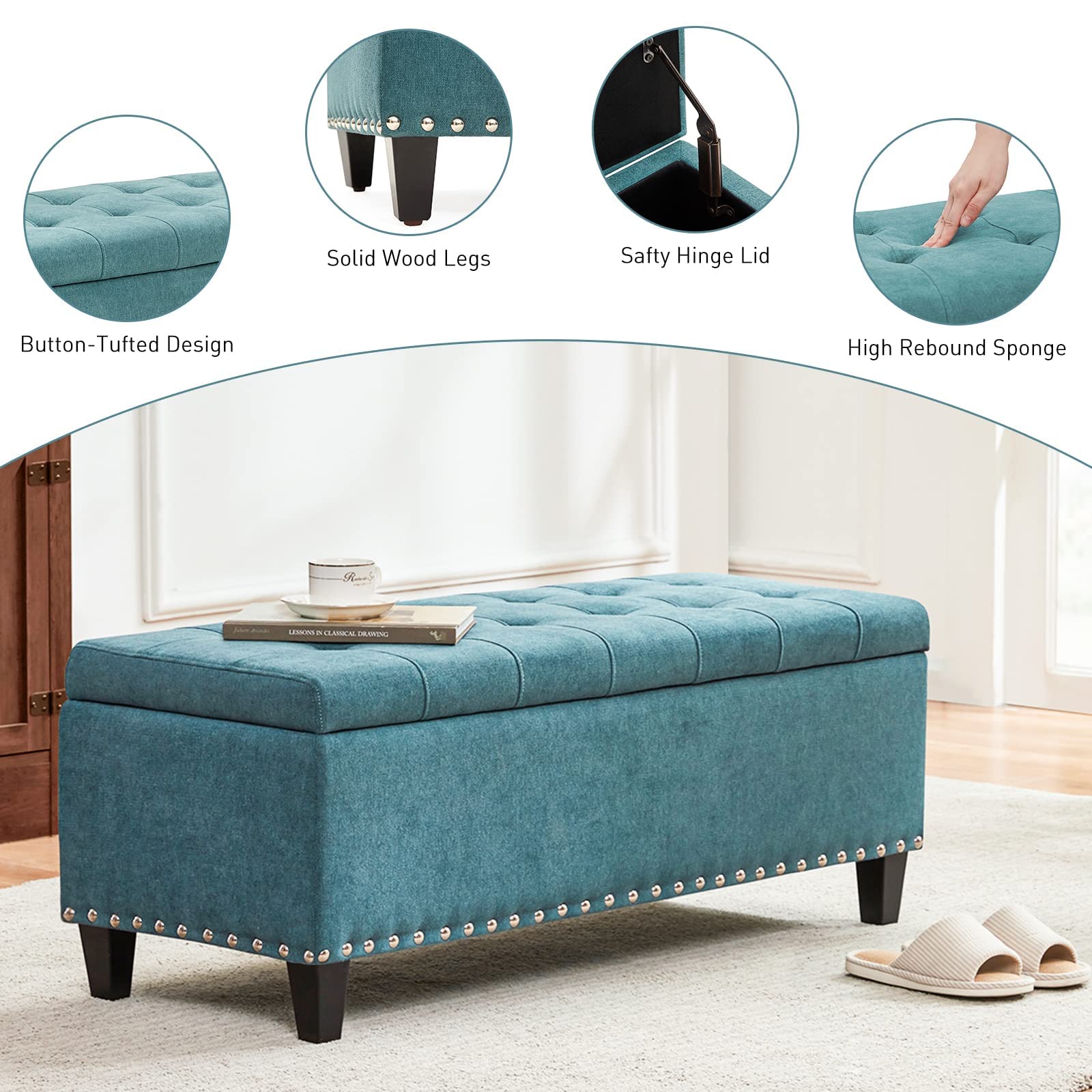 HUIMO Ottoman with Storage, 41-inch Upholstered Fabric Storage Ottoman with Safety Hinge, Storage Bench with Button-Tufted, Ottoman Bench for Bedroom, Entryway, Living Room, End of Bed Bench (Teal)