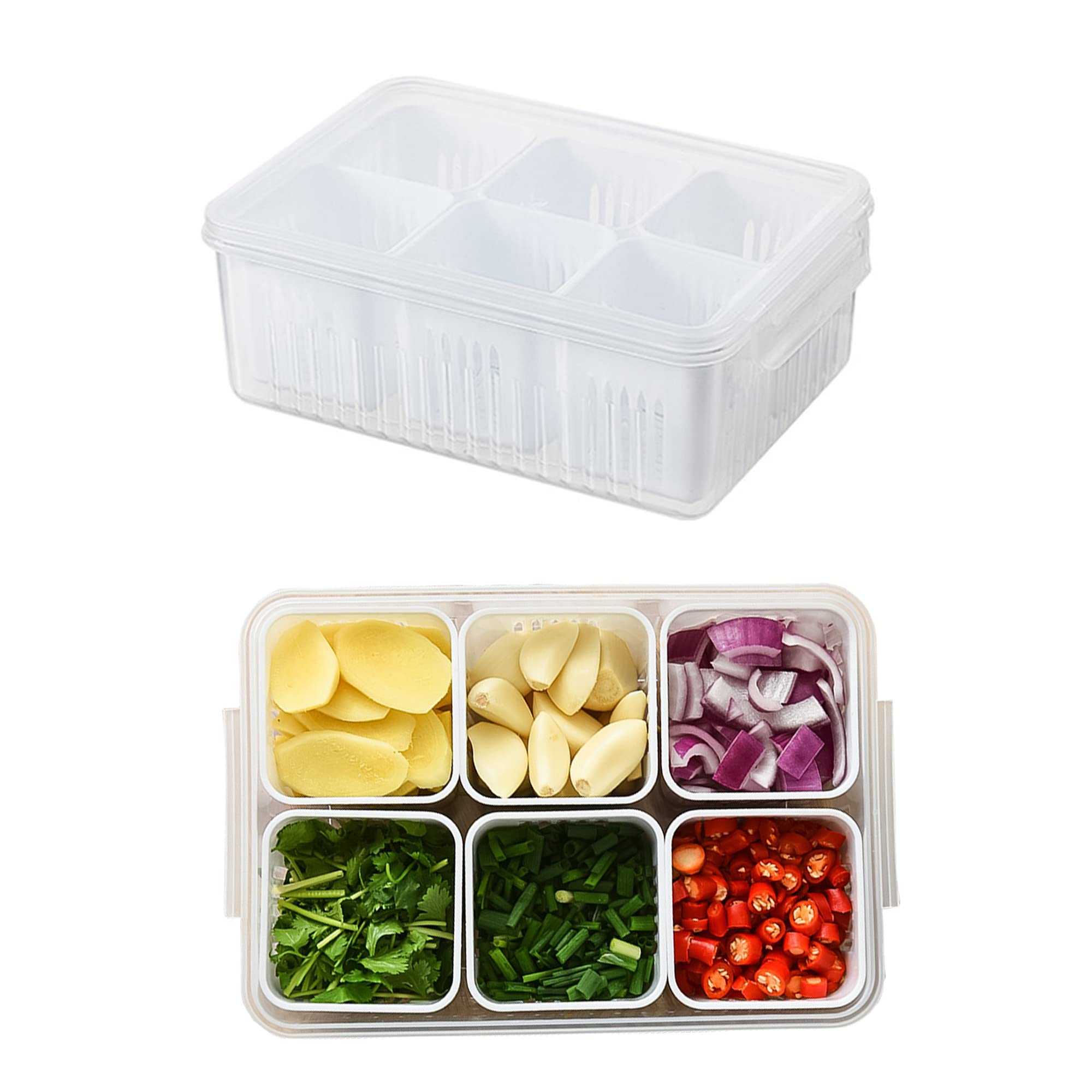 Bhtqdnq Food Storage Containers with Lids Airtight, Fridge Fresh-Keeping Container with 6 detachable small boxes, Portable Divided Fruit Storage Container Onion Ginger Garlic Cherry Storage (6 boxes)