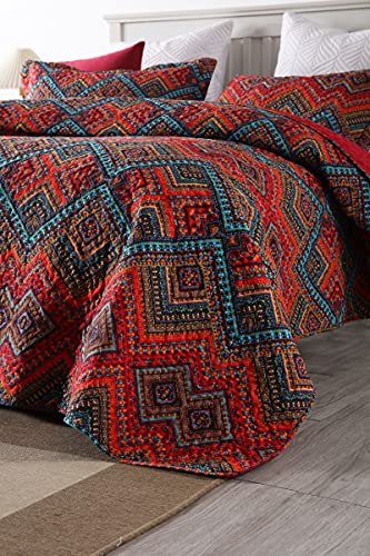 Yvooxny Quilt Set Queen Size Bedspread Bohemian Style Lightweight Cotton Quilted Coverlet Bedding Set for All Seasons, Boho Red Jacquard Pattern, 90 * 98 Inches