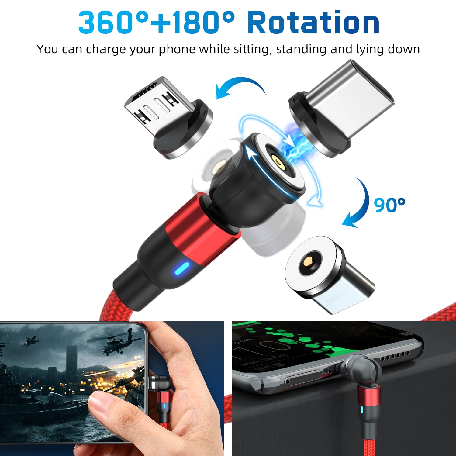 Bojianxin Magnetic Charging Cable(7-Pack, 1.6ft/3.3ft/3.3ft/6.6ft/6.6ft/10ft/10ft) 540° Rotation Magnetic USB Cable, 3 in 1 Magnetic Phone Charger with LED Light Compatible with Micro USB, Type C